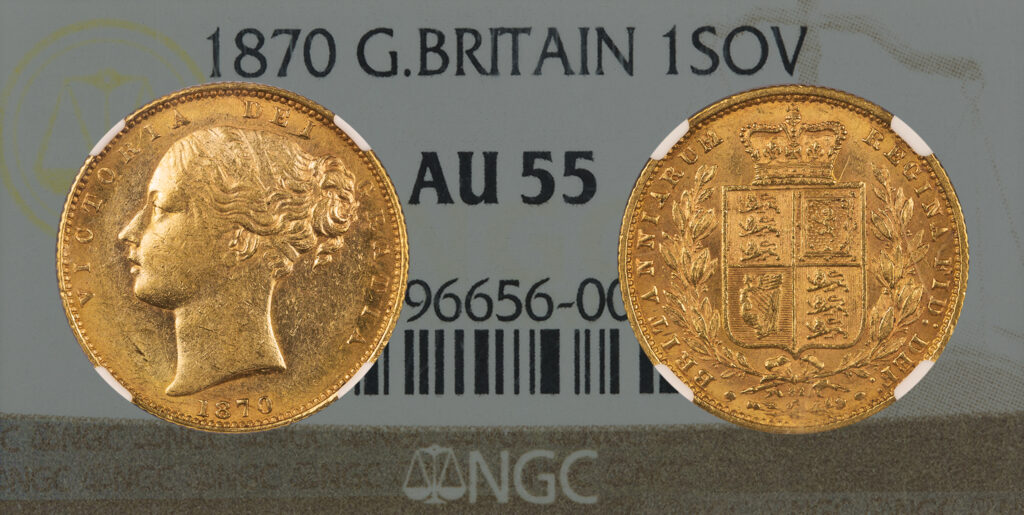 HK Precious Collectibles - Sovereign 1870 "Shield" NGC AU55 Great Britain