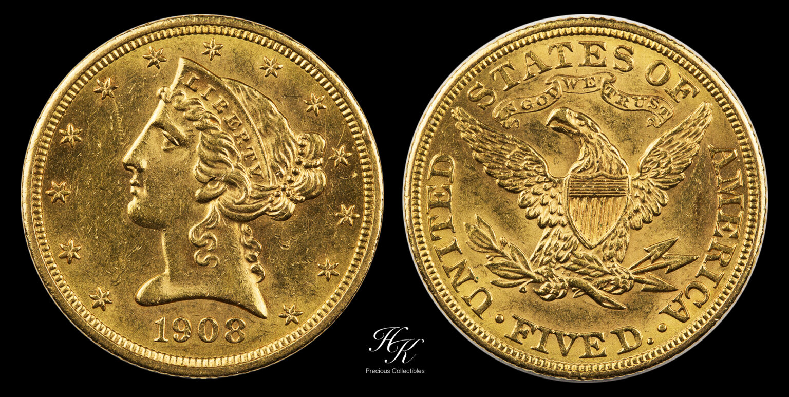 HK Precious Collectibles - 5 Dollars 1908 "Liberty Half Eagle" USA